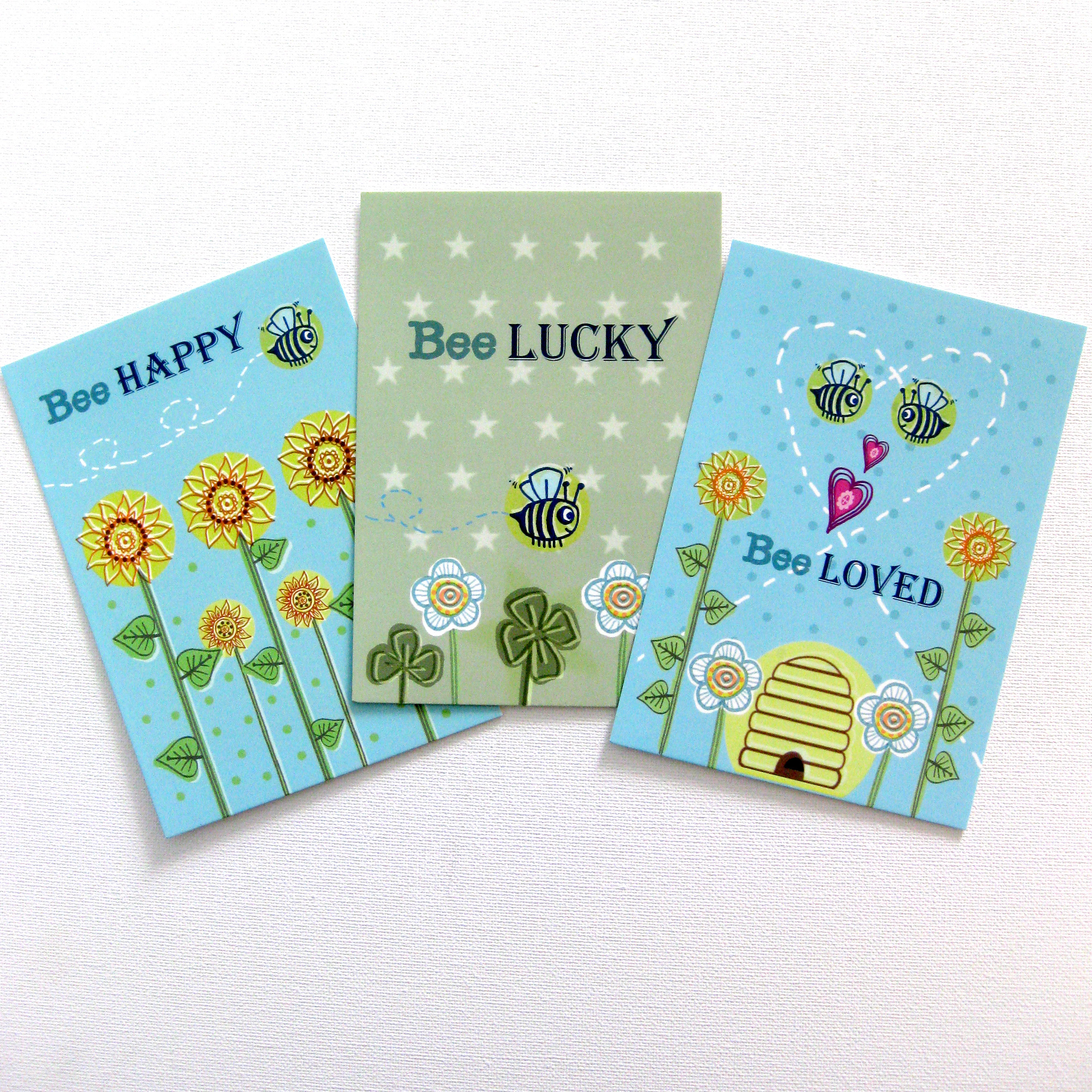 Pack Of 3 A6 Postcard Prints 'bee Happy', 'bee Lucky', 'bee Loved' on ...
